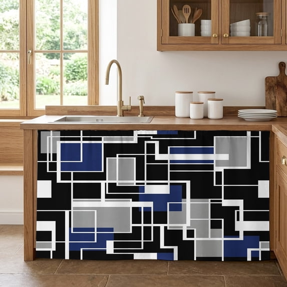 Abstract Lines Cabinet Curtains 32" W x 55" L Black Gray Navy Rectangle ...