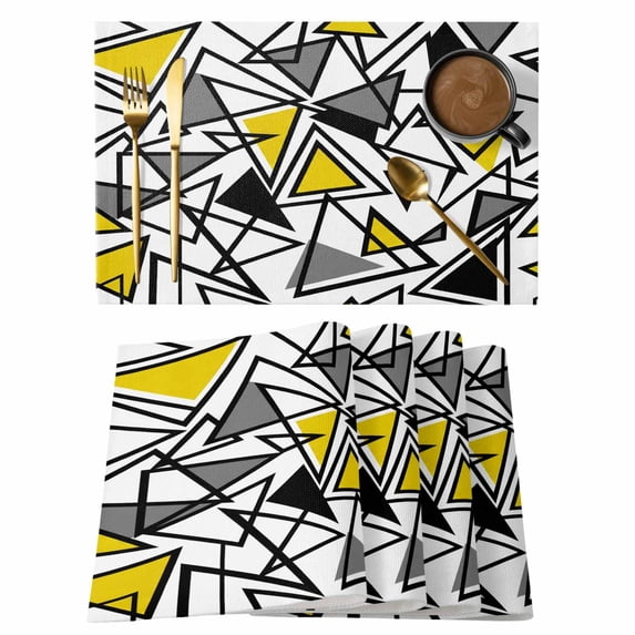 Abstract Lines Cotton Linen Placemats Set of 6, Black Gray Yellow ...