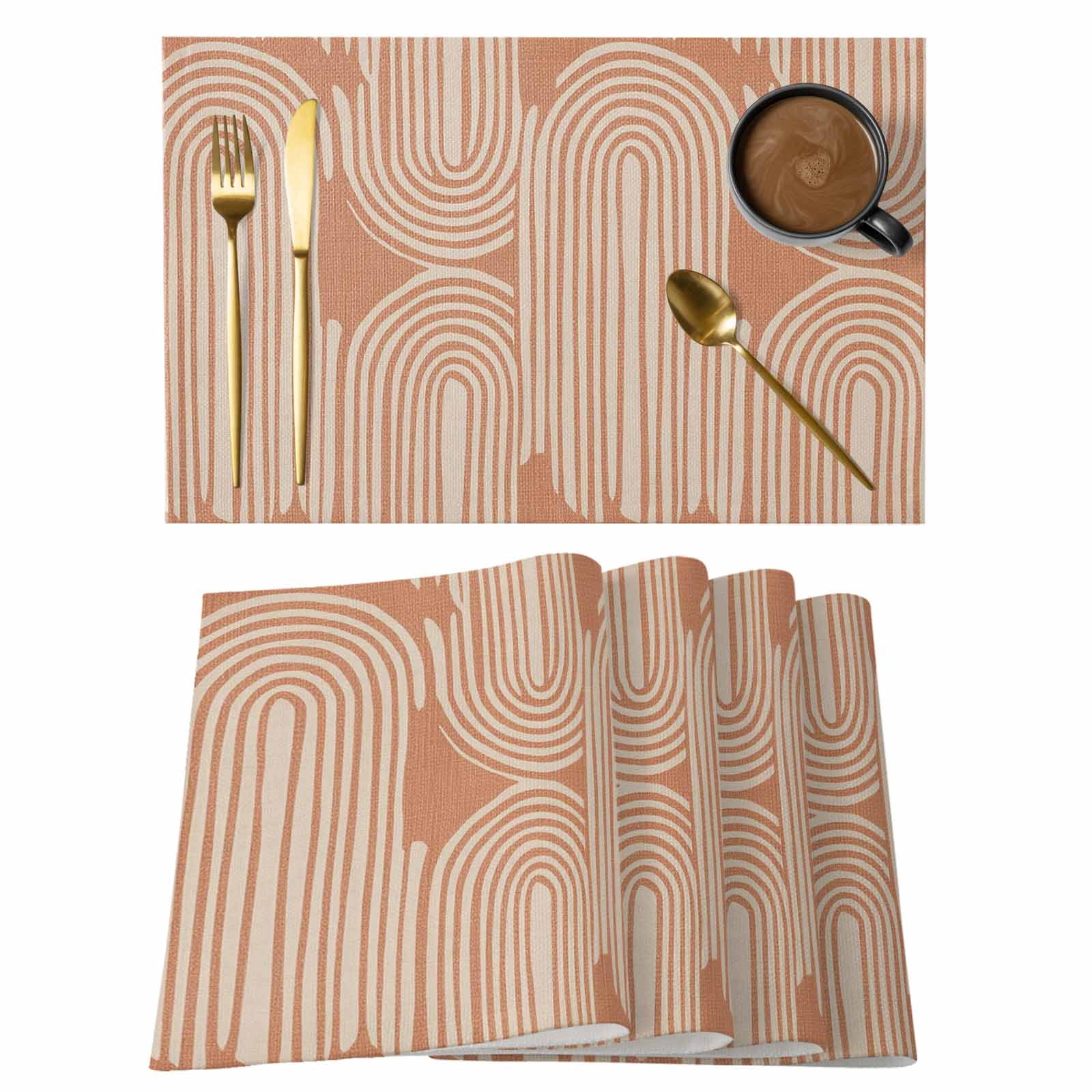 Abstract Lines Cotton Linen Placemats Set of 8, Mid Century Orange ...