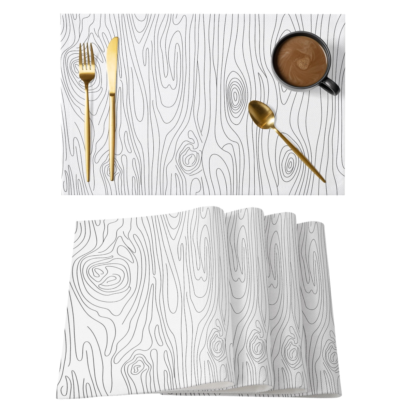Abstract Lines Cotton Linen Placemats Set of 8, Vintage Art Black Tree ...