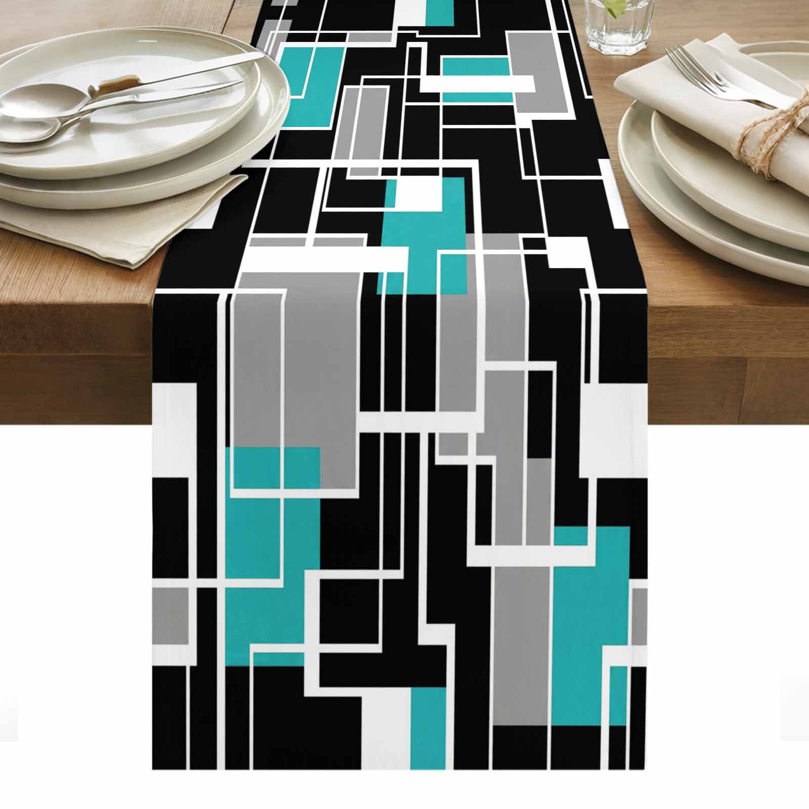 Abstract Lines Cotton Linen Table Runner Black Gray Blue Rectangle ...