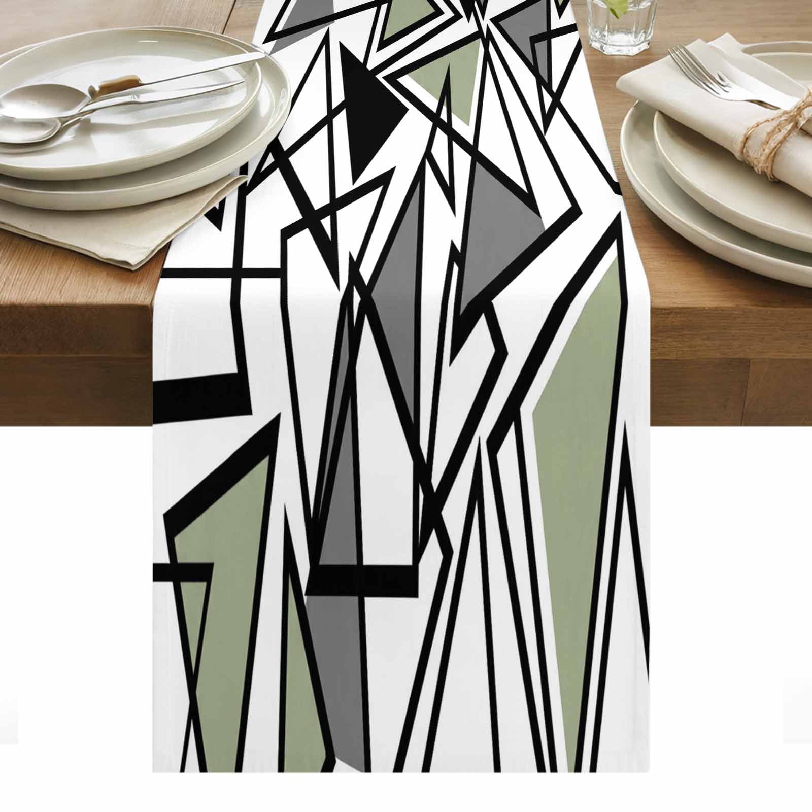 Abstract Lines Cotton Linen Table Runner Black Gray Green Triangle ...