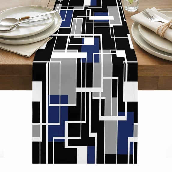 Abstract Lines Cotton Linen Table Runner Black Gray Navy Rectangle ...