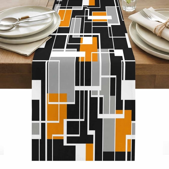 Abstract Lines Cotton Linen Table Runner Black Gray Orange Rectangle ...
