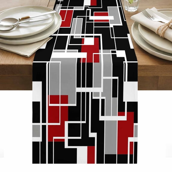 Abstract Lines Cotton Linen Table Runner Black Gray Red Rectangle ...