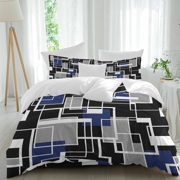 Abstract Lines Duvet Cover Set Full Size, Black Gray Navy Rectangle ...