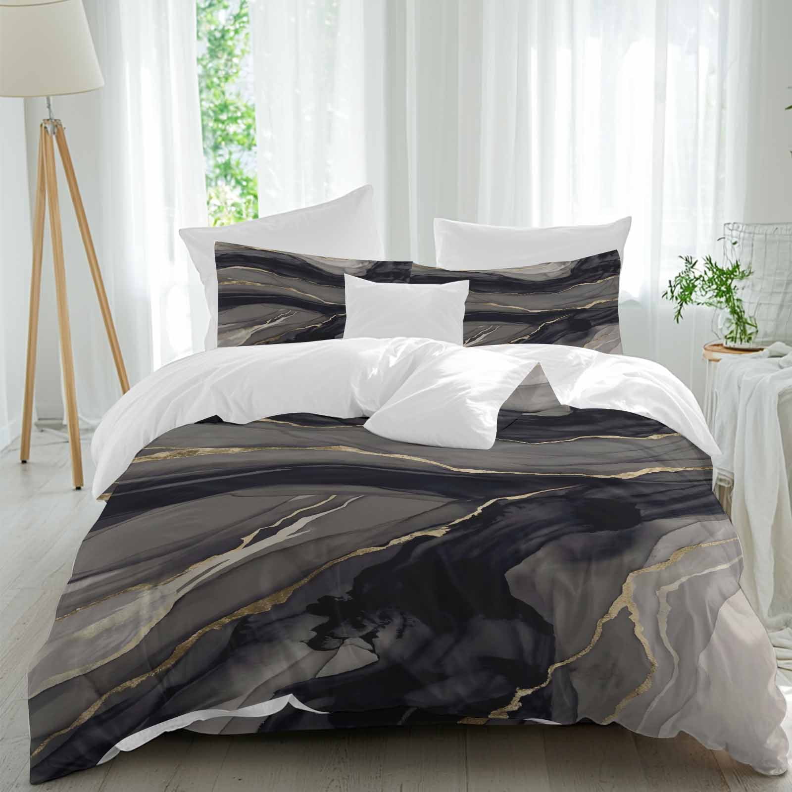 Abstract Lines Duvet Cover Set Queen Size, Deep Black Charcoal Gray ...