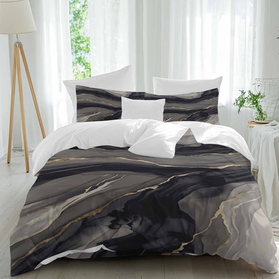 Abstract Lines Duvet Cover Set Queen Size, Deep Black Charcoal Gray ...