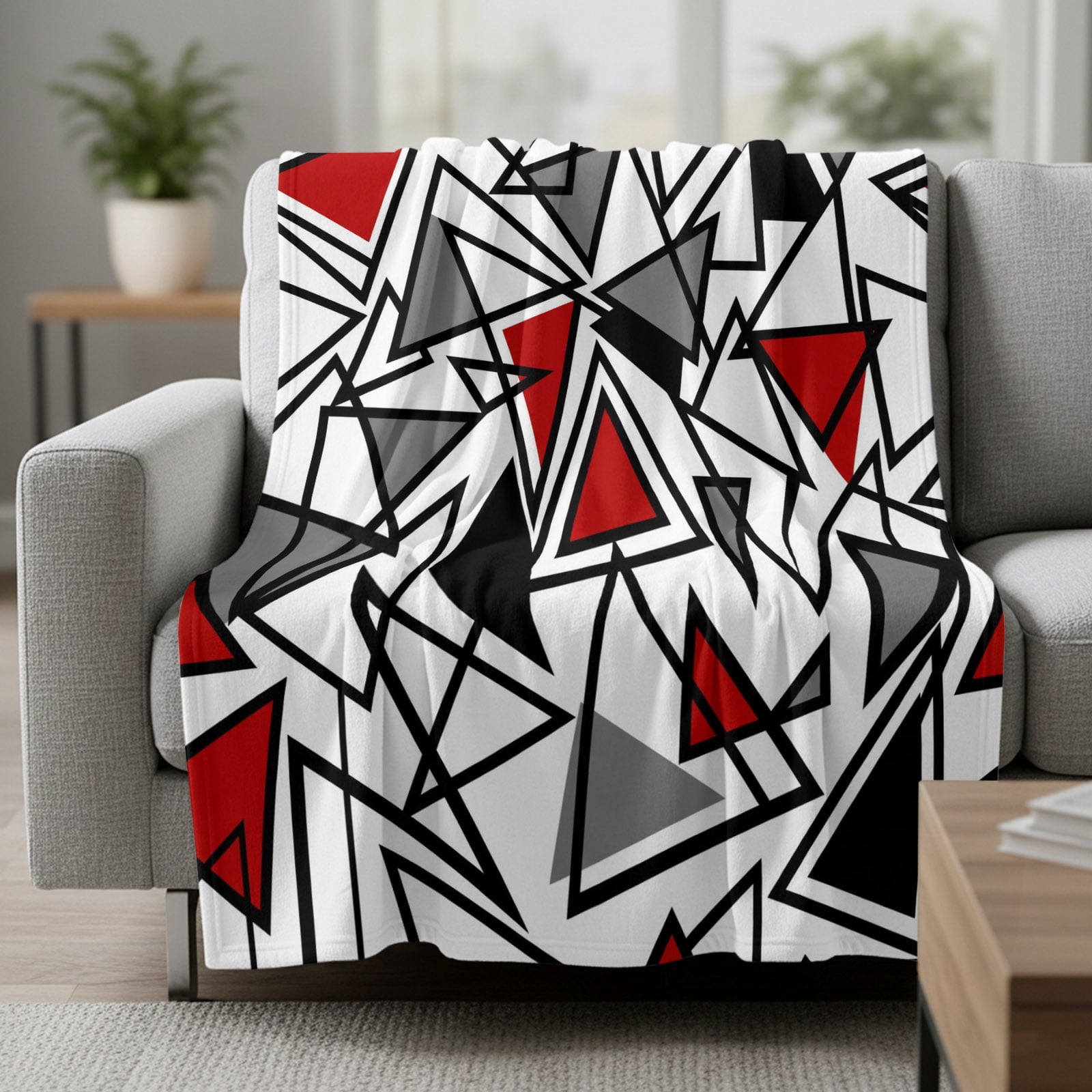 Abstract Lines Fleece Throw Blanket Black Gray Red Triangle Geometric ...