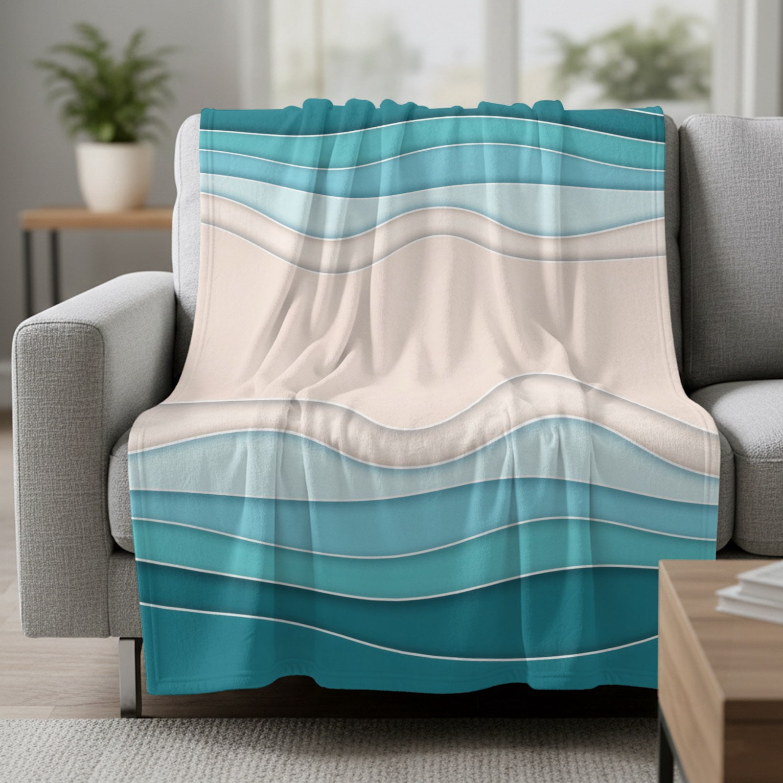 Abstract Lines Fleece Throw Blanket Blue Beige Waves Modern Style ...