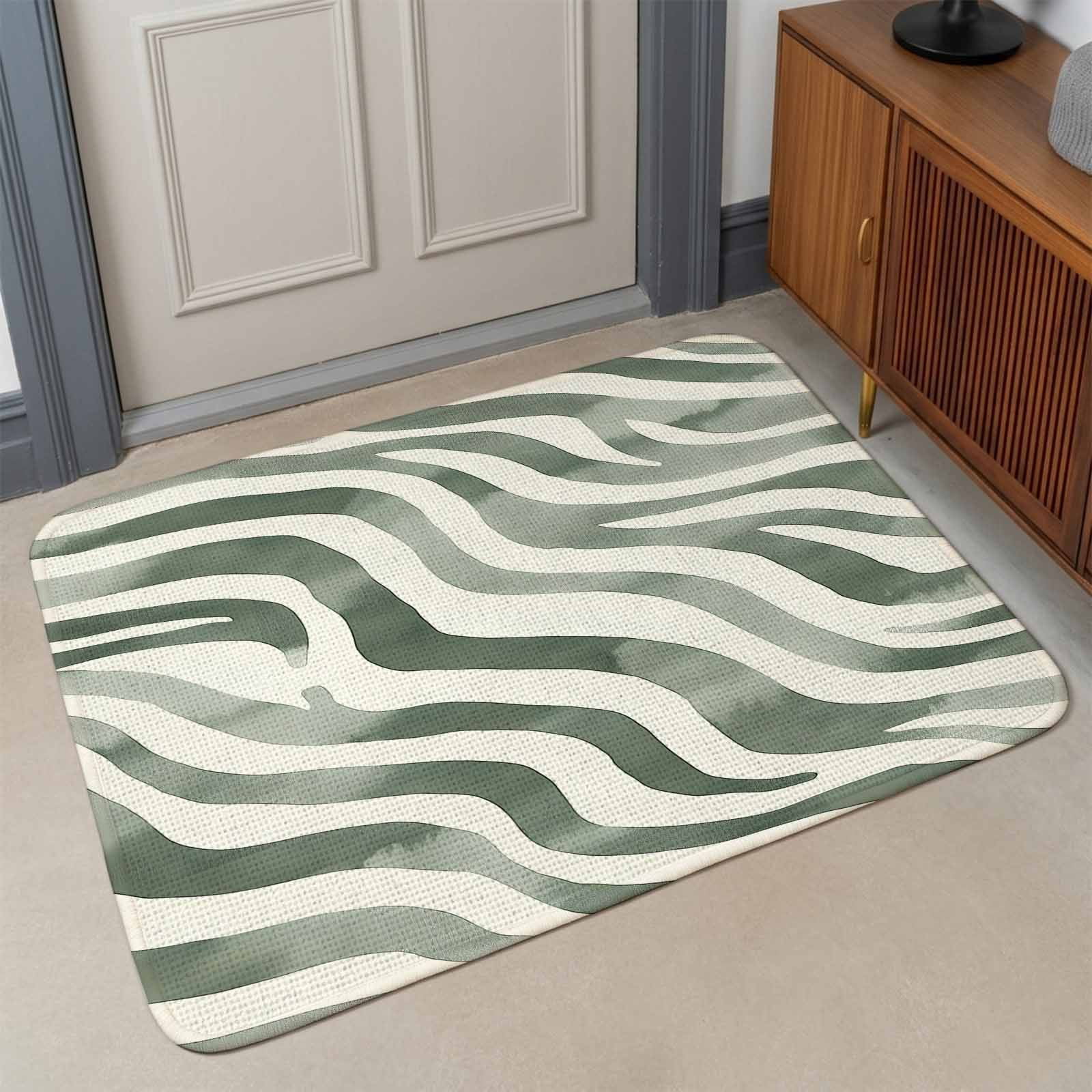 Abstract Lines Front Door Mat Indoor Entrance, White Green Water Ripple ...