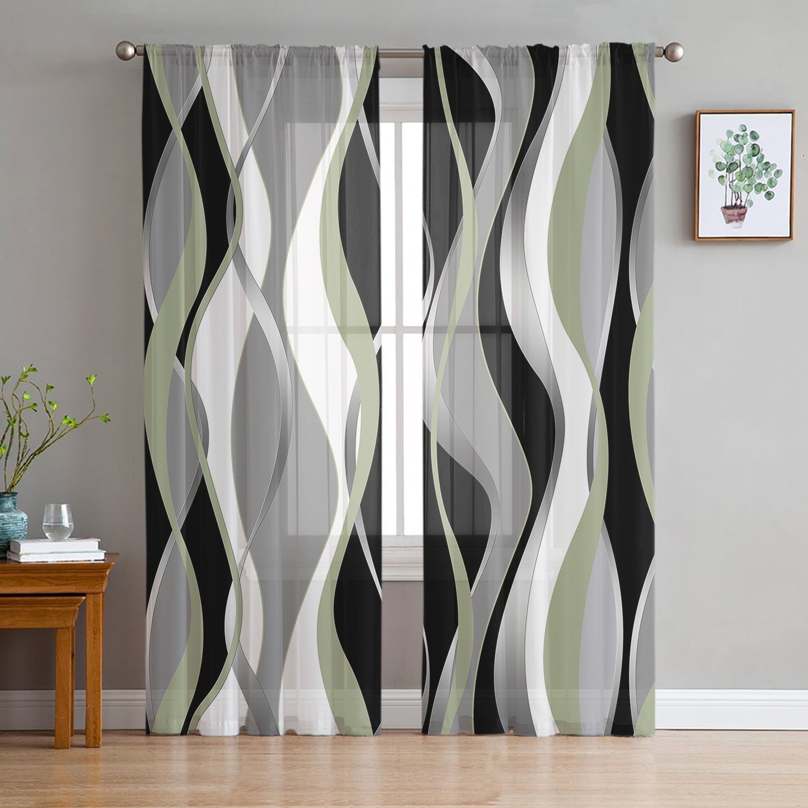 Abstract Lines Gradient Grass Green Sheer Curtains for Living Room ...