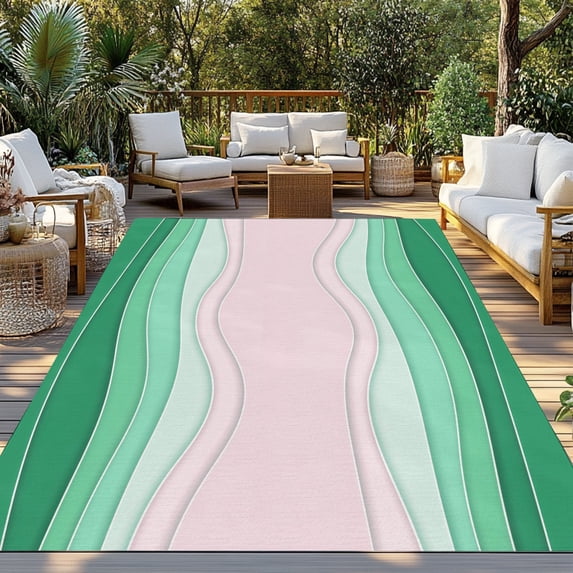Abstract Lines Indoor Outdoor Rugs 3x5 Ft, Green Pink Waves Modern ...