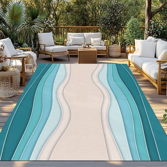 Abstract Lines Indoor Outdoor Rugs 5x8 Ft, Blue Beige Waves Modern ...