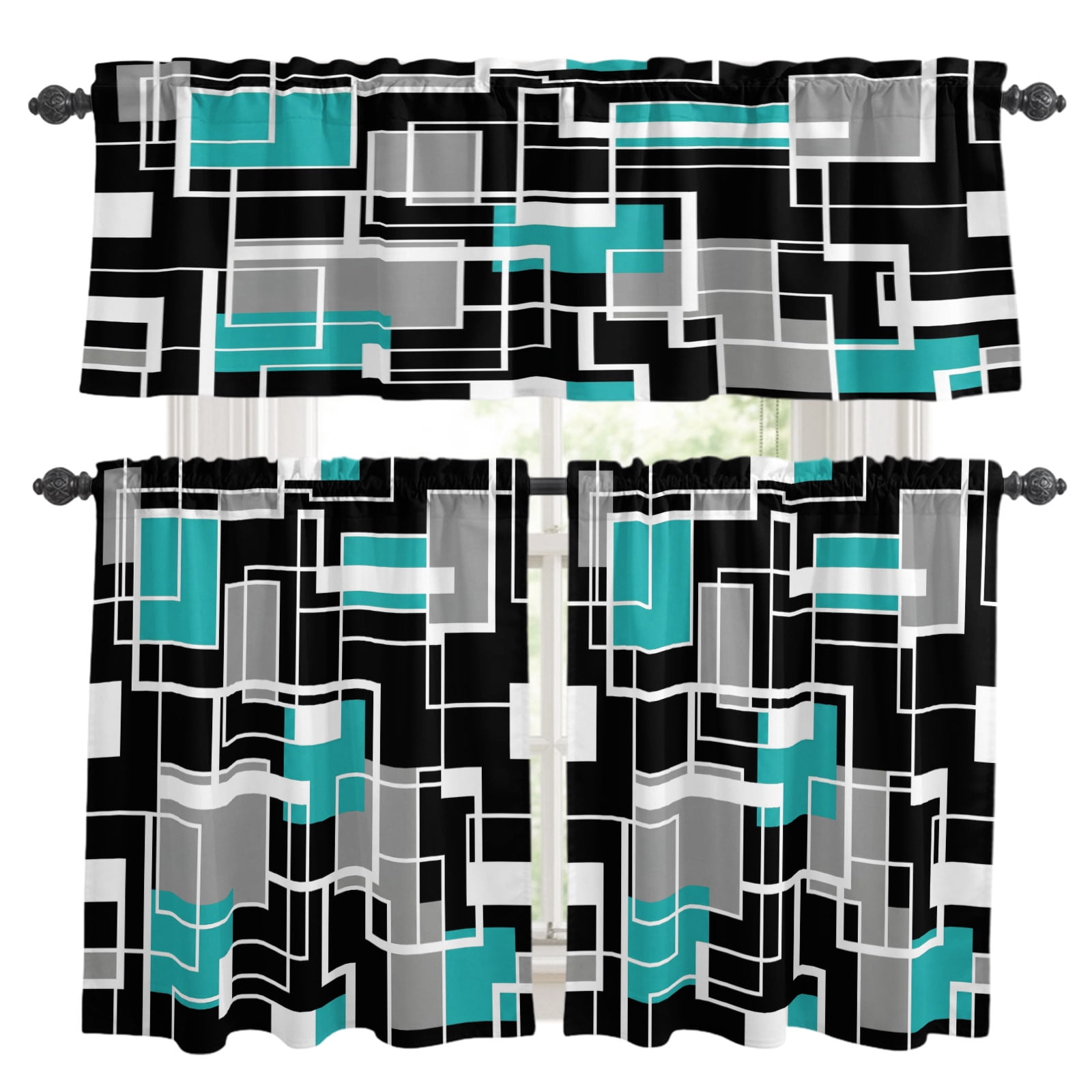Abstract Lines Kitchen Curtains Set for Windows, Black Gray Blue ...