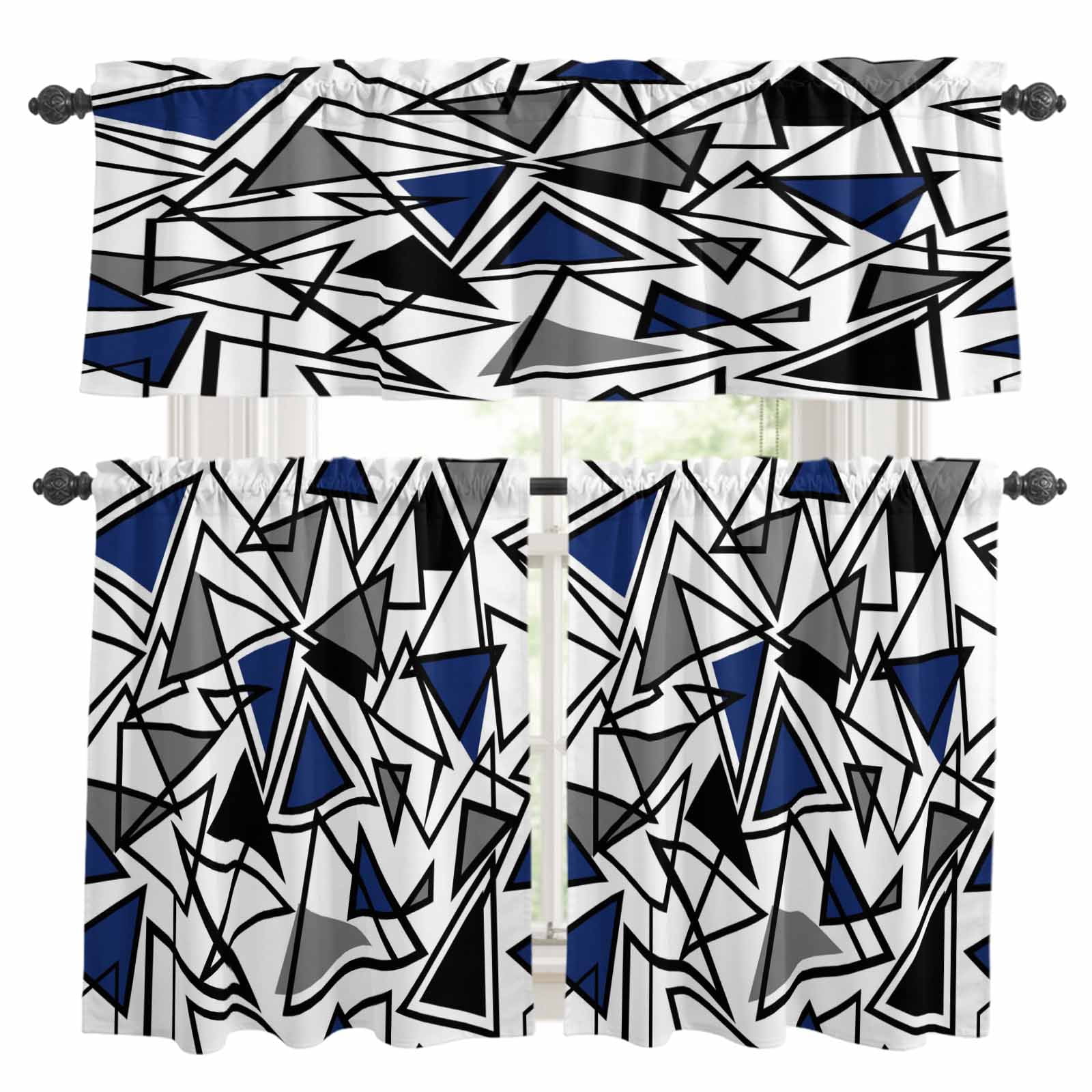 Abstract Lines Kitchen Curtains Set for Windows, Black Gray Blue ...