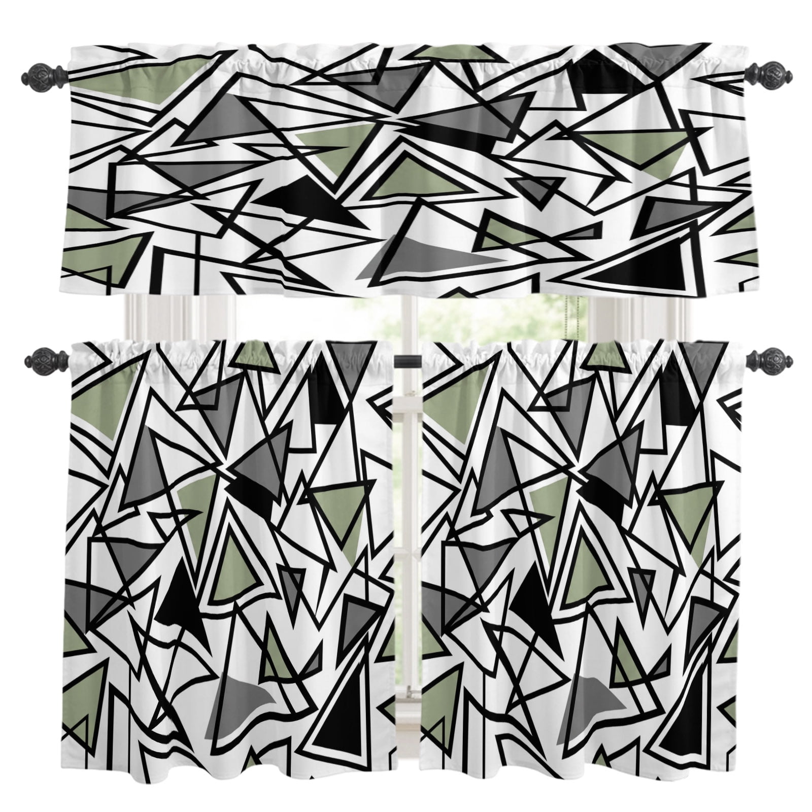 Abstract Lines Kitchen Curtains Set for Windows, Black Gray Green ...