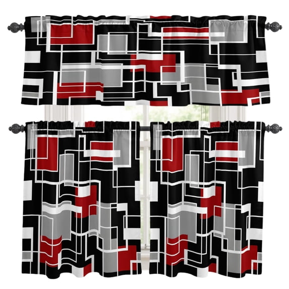 Abstract Lines Kitchen Curtains Set for Windows, Black Gray Red ...