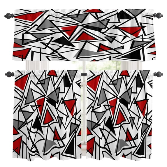 Abstract Lines Kitchen Curtains Set for Windows, Black Gray Red ...