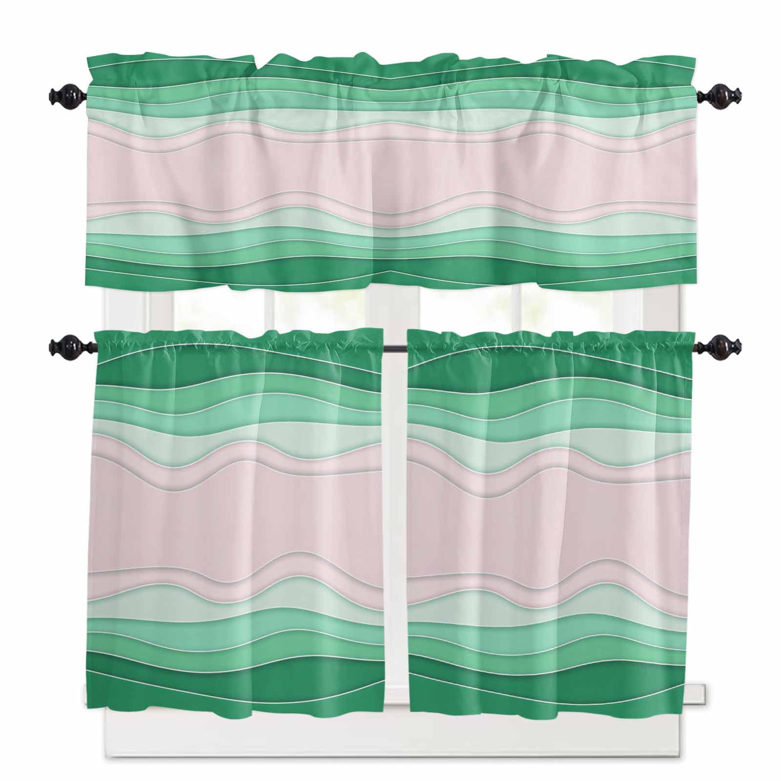 Abstract Lines Kitchen Curtains Valance and Tier Set Green Pink Waves ...