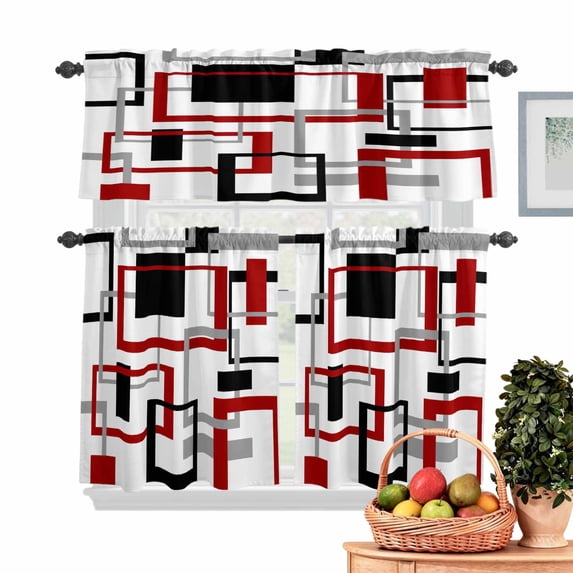 Abstract Lines Kitchen Curtains Valances 3 Piece Set, Black Red ...