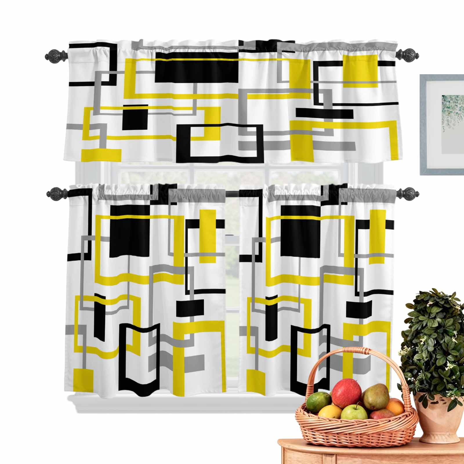 Abstract Lines Kitchen Curtains Valances 3 Piece Set, Black Yellow ...