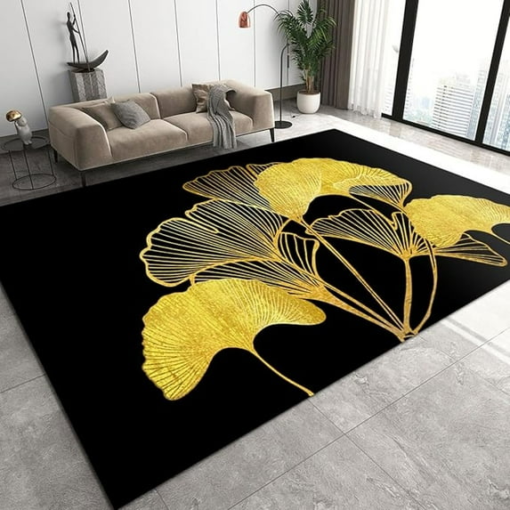 Abstract Lines Leaves Large Area Rug, Golden Leaves Non Slip Stain ...