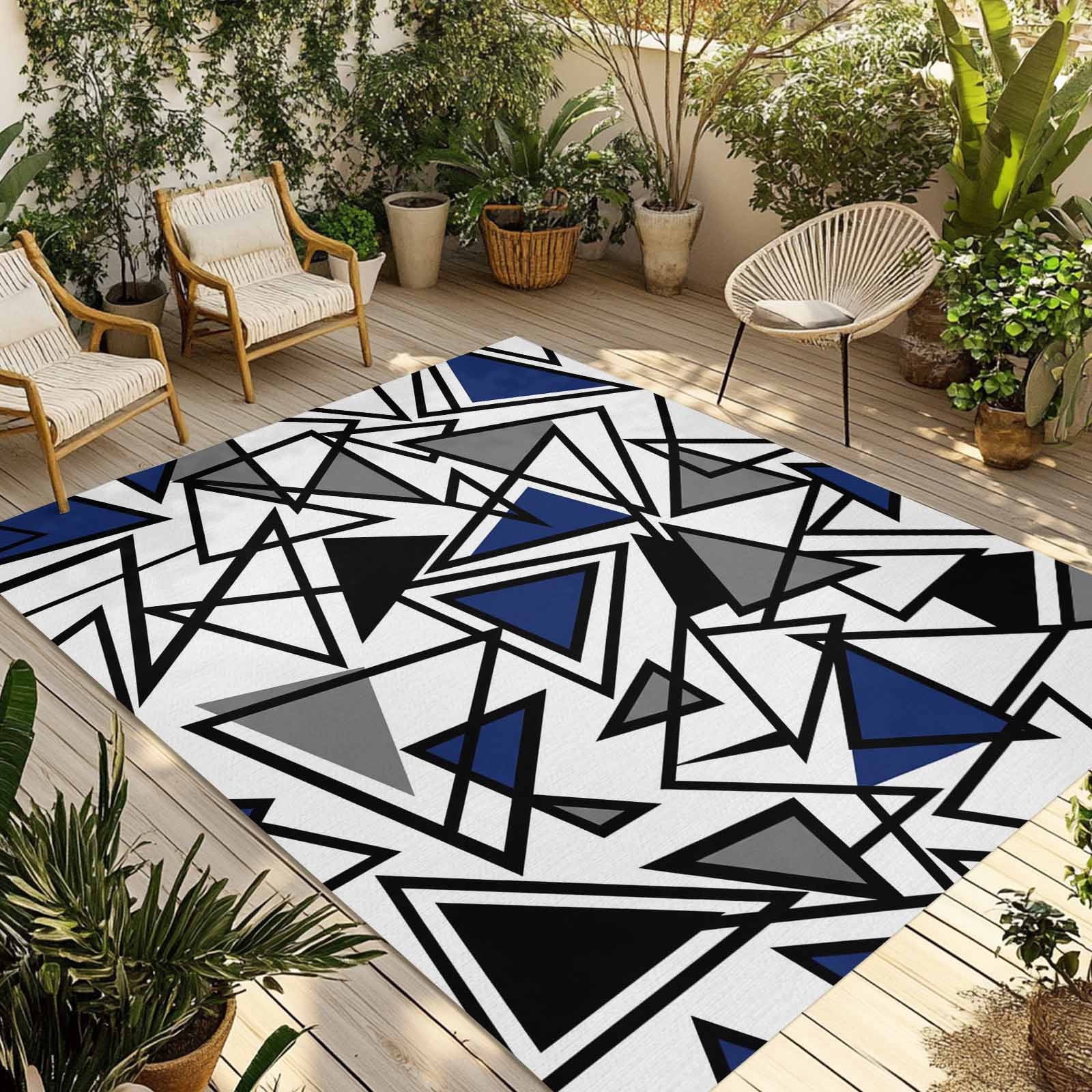 Abstract Lines Outdoor Rug, Black Gray Blue Triangle Geometric Modern ...