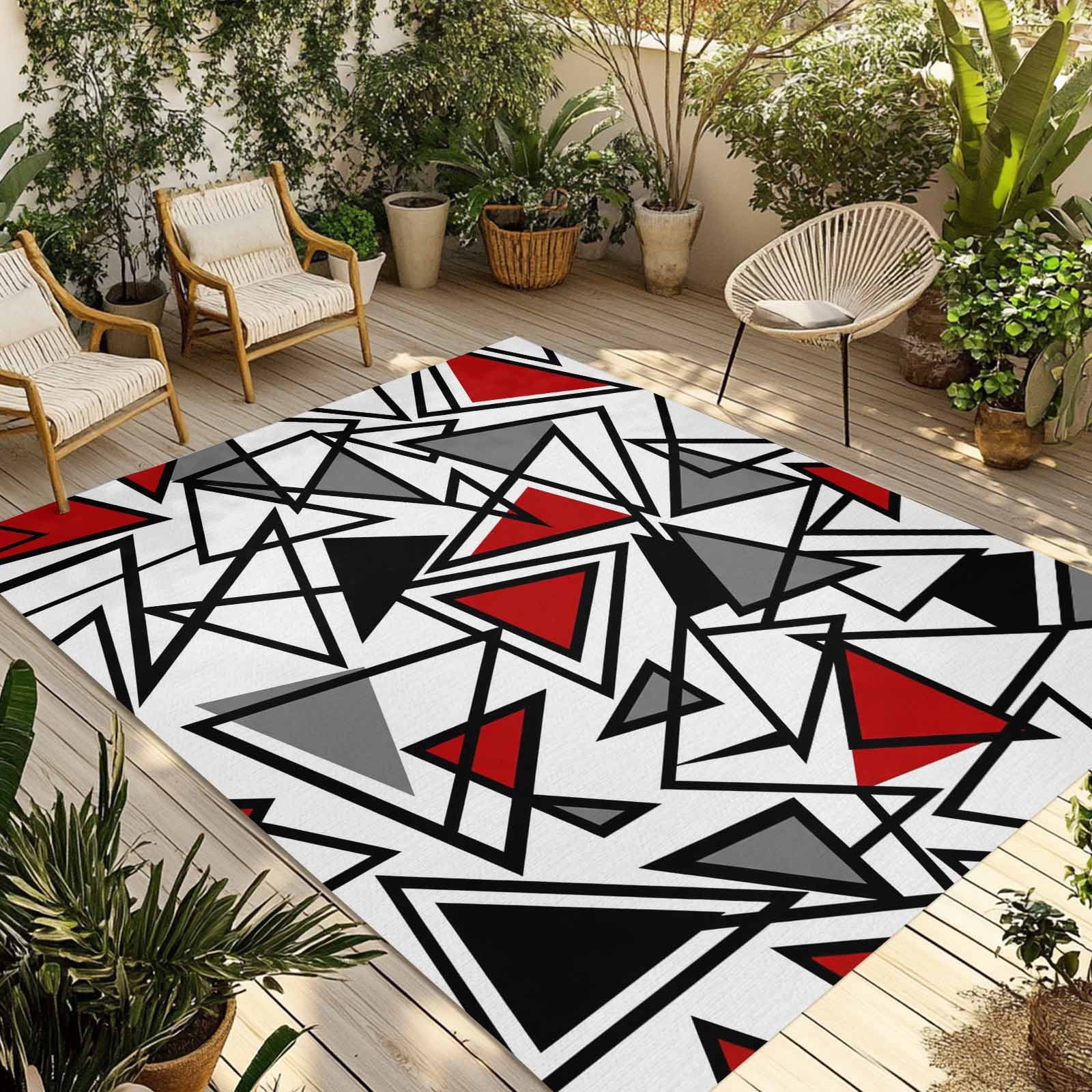 Abstract Lines Outdoor Rug, Black Gray Red Triangle Geometric Modern ...