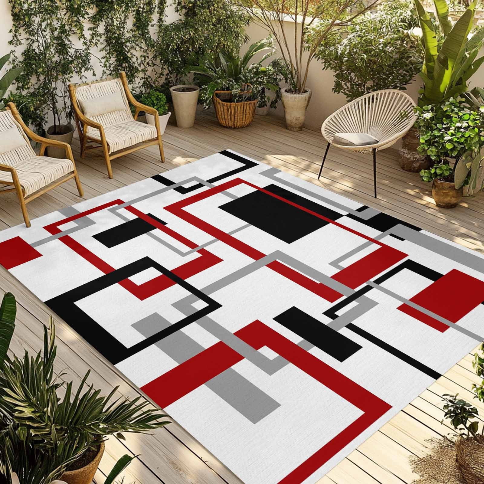 Abstract Lines Outdoor Rug, Black Red Geometric Square Frame Non-Slip ...