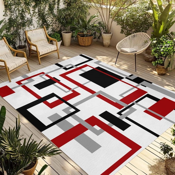 Abstract Lines Outdoor Rug, Black Red Geometric Square Frame Non-Slip ...