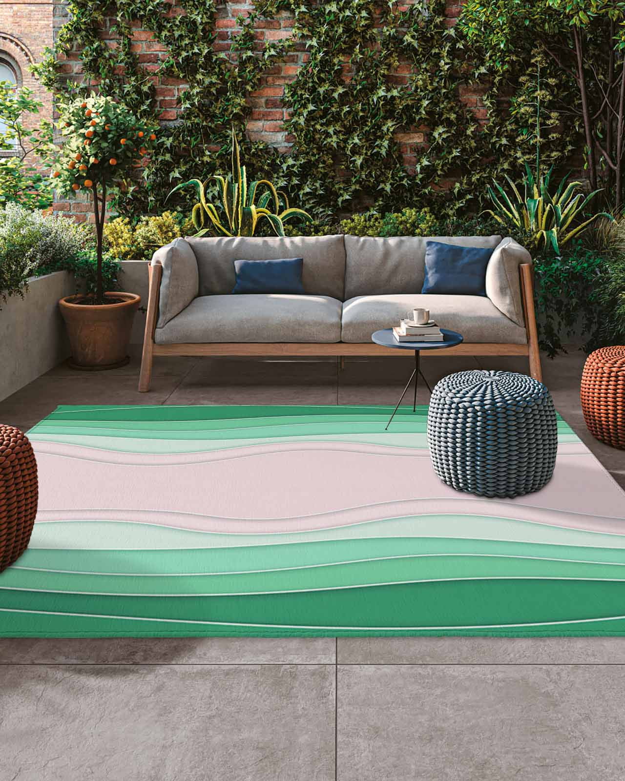Abstract Lines Outdoor Rug, Green Pink Waves Modern Style Simple Large ...
