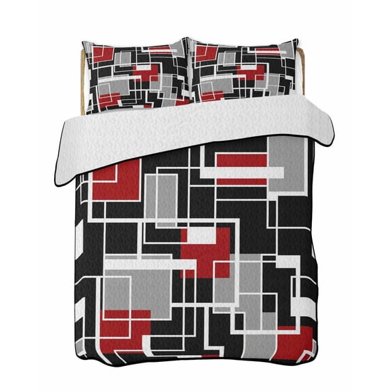 Abstract Lines Quilts Bedding Set Full Size Black Gray Red Rectangle ...