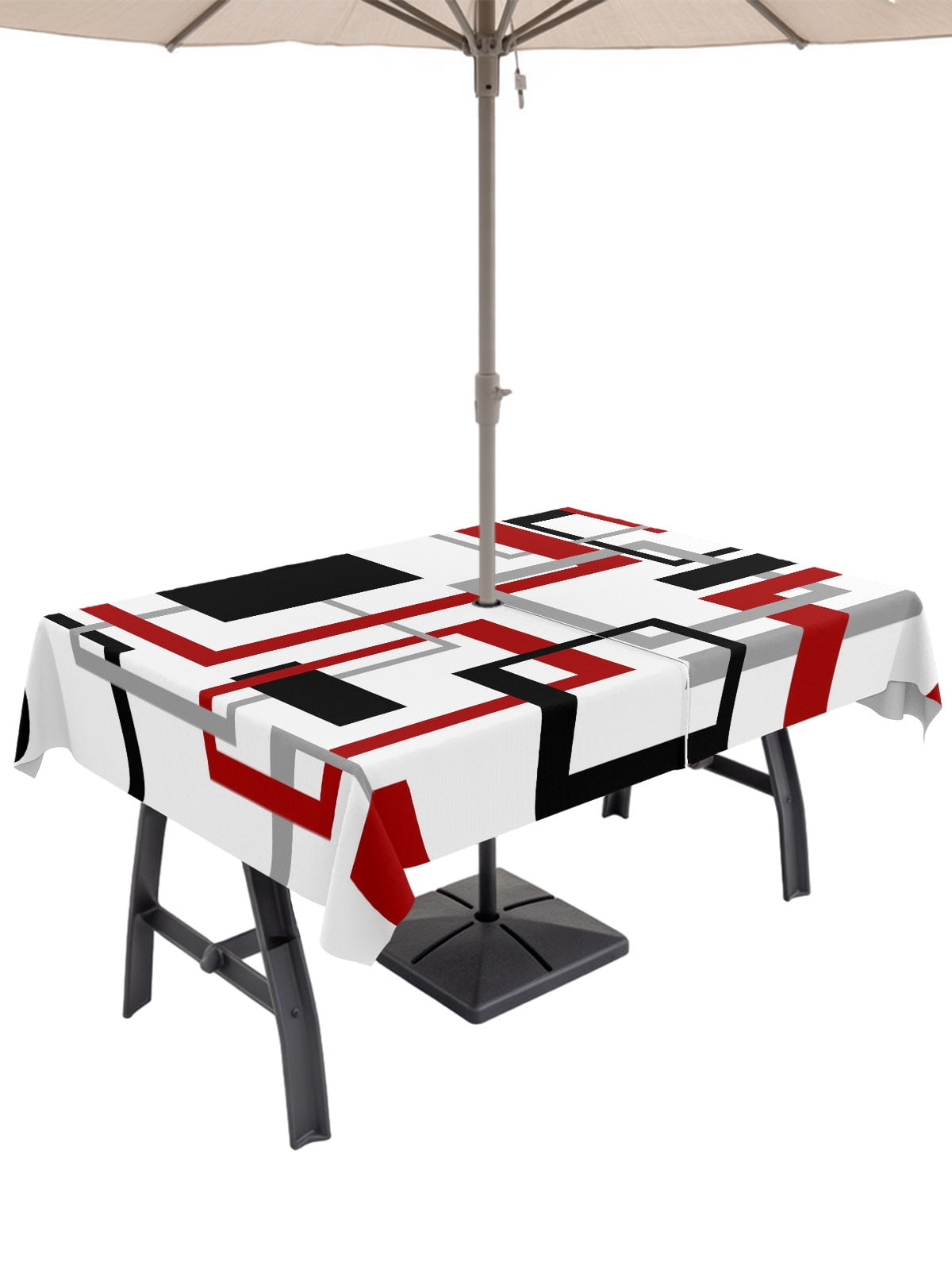 Abstract Lines Rectangle Outdoor Tablecloth with Umbrella Hole Black ...