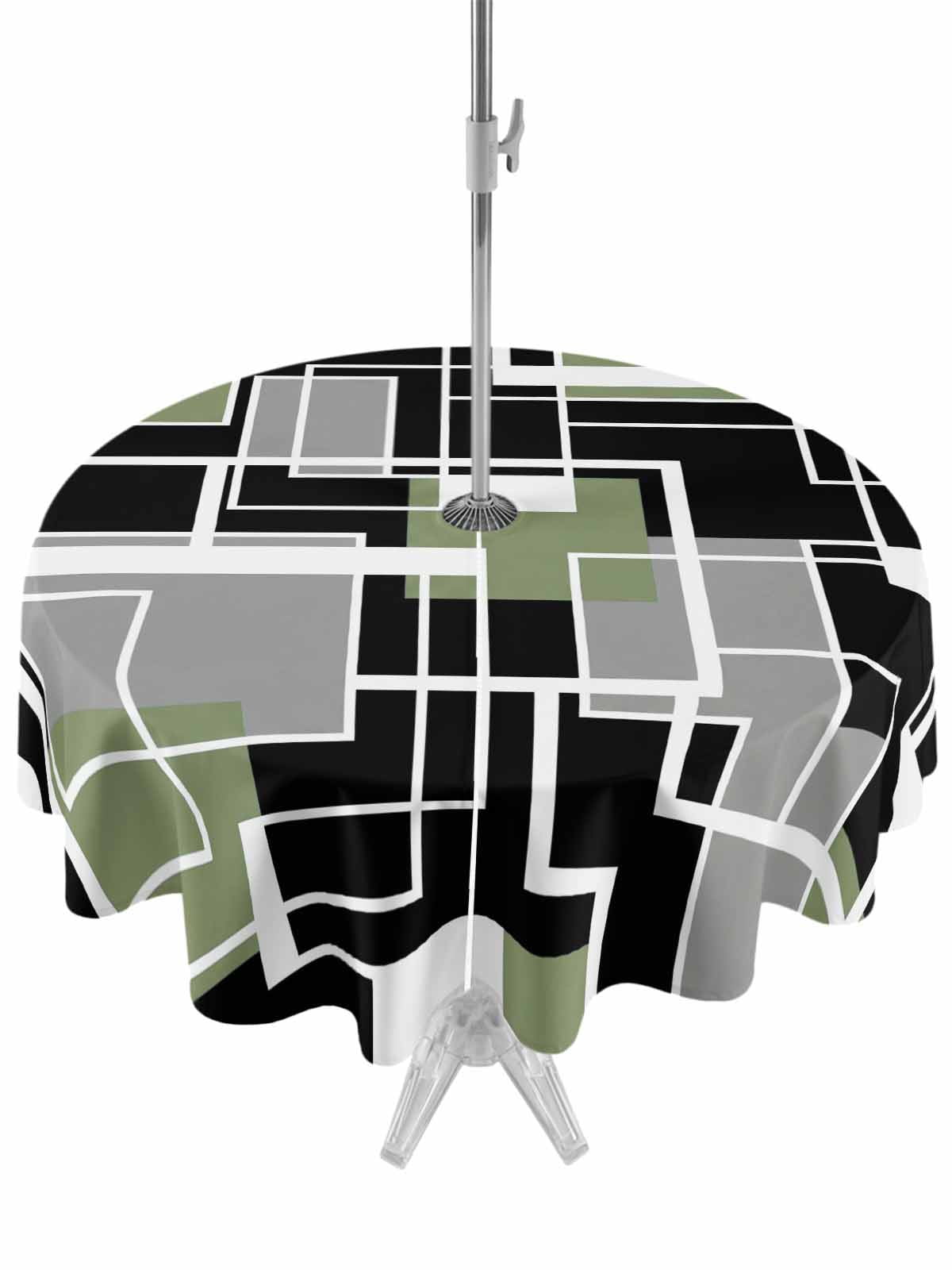 Abstract Lines Round Outdoor Tablecloth with Umbrella Hole Black Gray ...