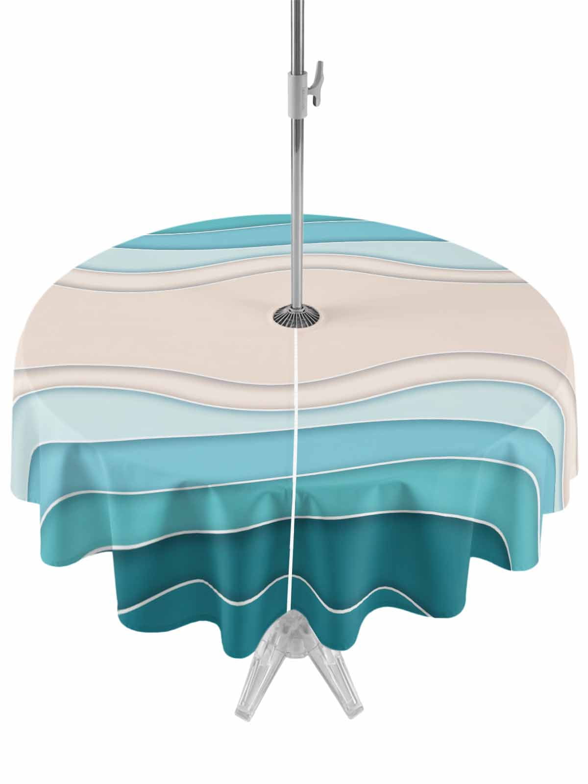 Abstract Lines Round Outdoor Tablecloth with Umbrella Hole Blue Beige ...