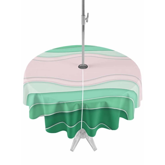 Abstract Lines Round Outdoor Tablecloth with Umbrella Hole Green Pink ...