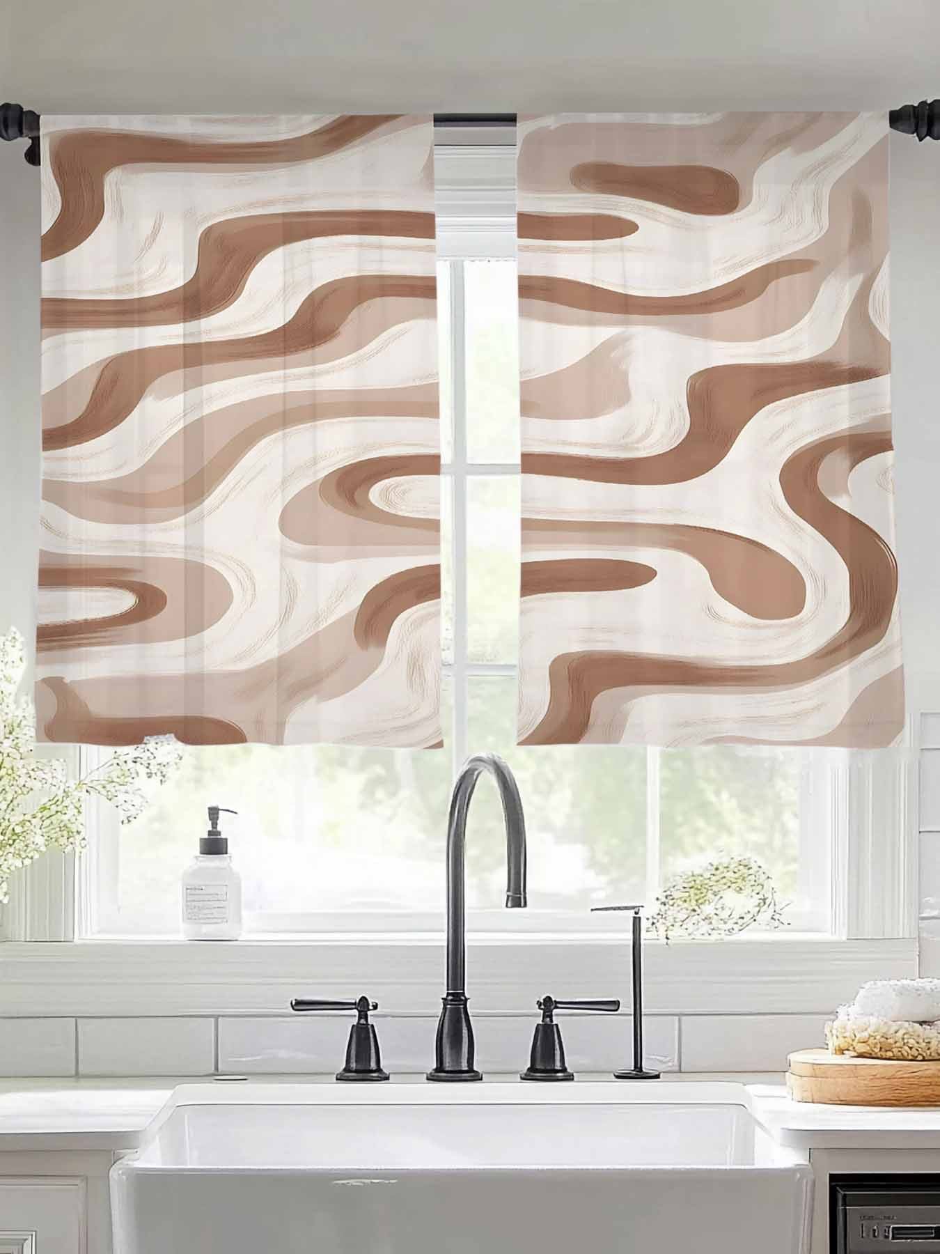 Abstract Lines Sheer Curtains 54 Inches Long 2 Panels Brown Water ...