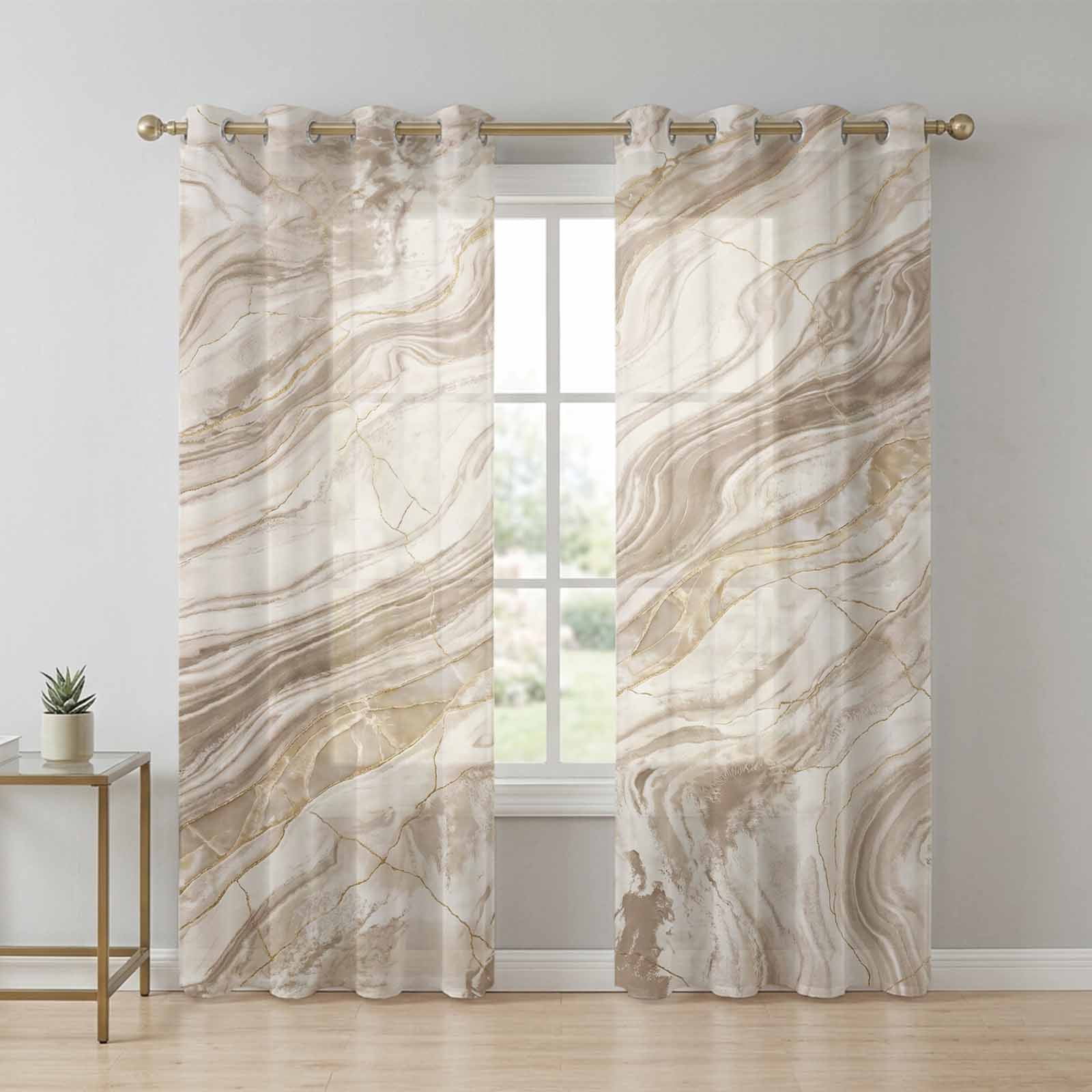 Abstract Lines Sheer Curtains 84 Inch Long 2 Panels, Granite Brown ...