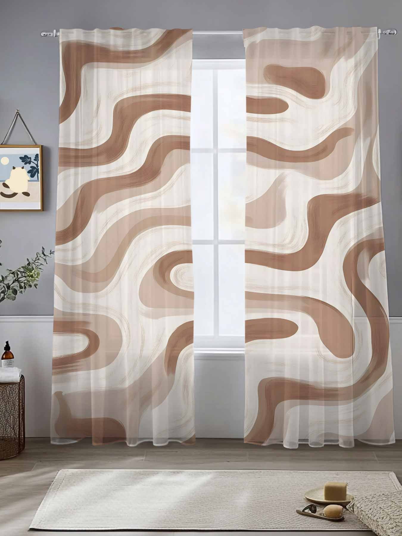 Abstract Lines Sheer Curtains 84 Inches Long 2 Panels Brown Water ...