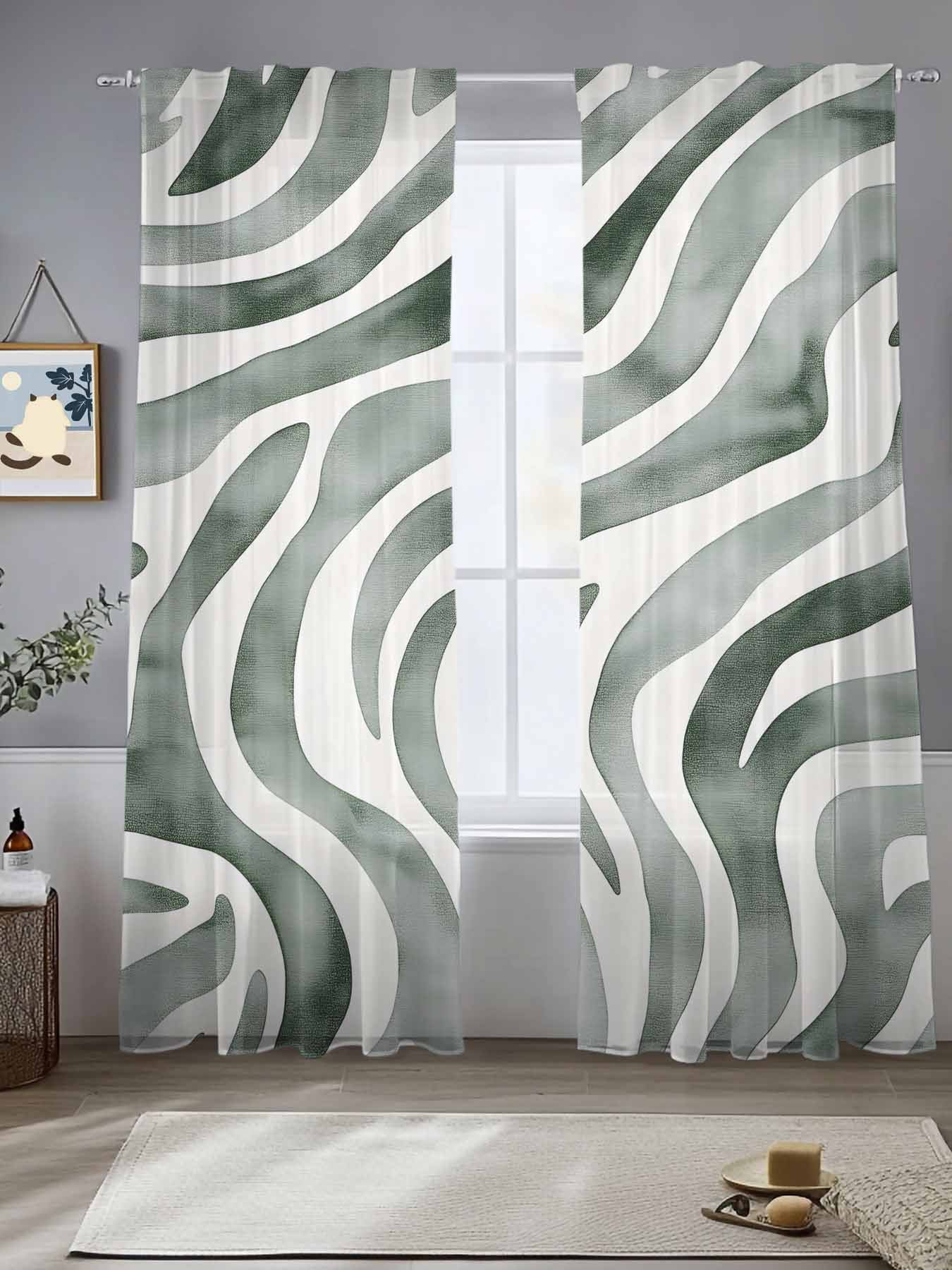 Abstract Lines Sheer Curtains 96 Inches Long 2 Panels White Green Water ...