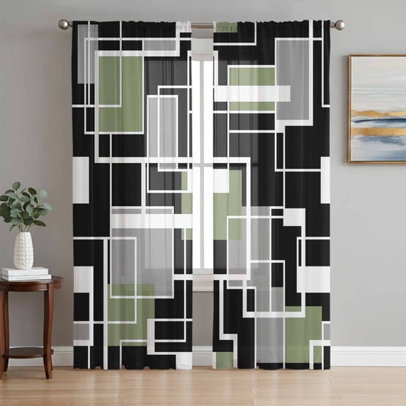 Abstract Lines Sheer Curtains for Living Room Bedroom, Black Gray Green ...