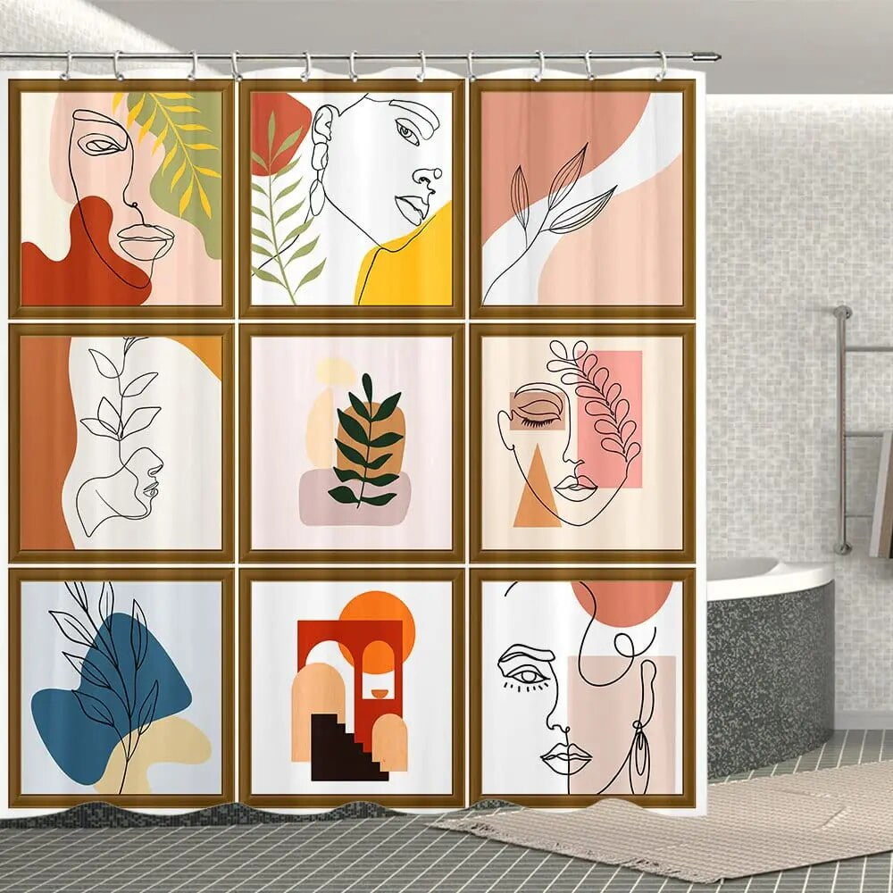 Abstract Lines Shower Curtain Art Human Face White Waterproof Shower Curtains For Bathtub