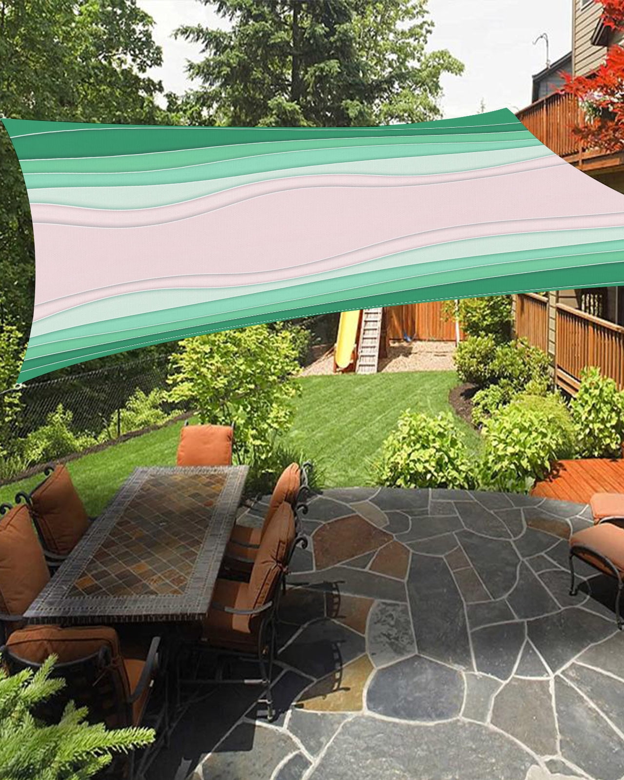 Abstract Lines Sun Shade Sail 8'X10' Green Pink Waves Modern Style ...