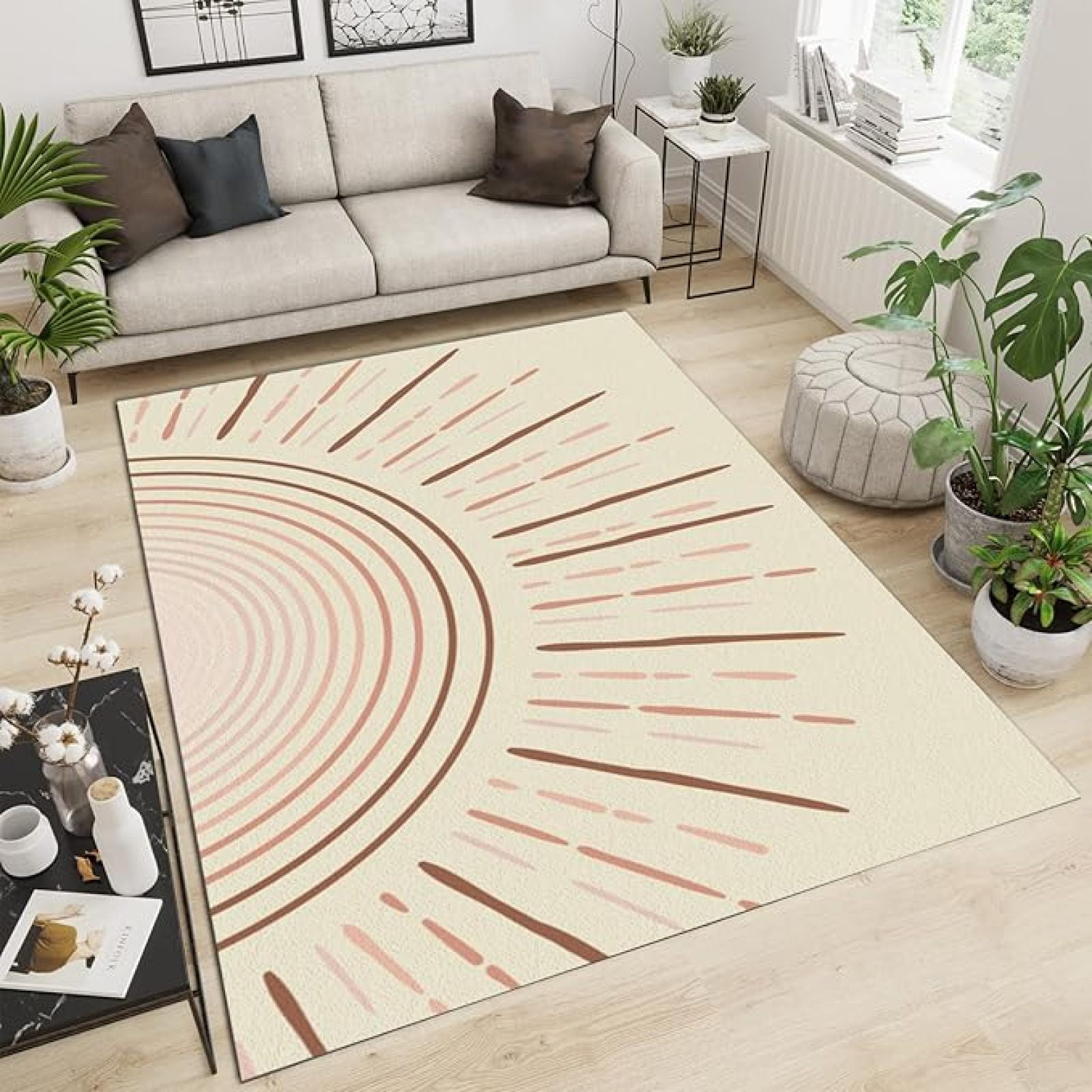 Abstract Lines Sunrise Area Rug, Boho Beige Non Slip Easy Care Bedroom ...