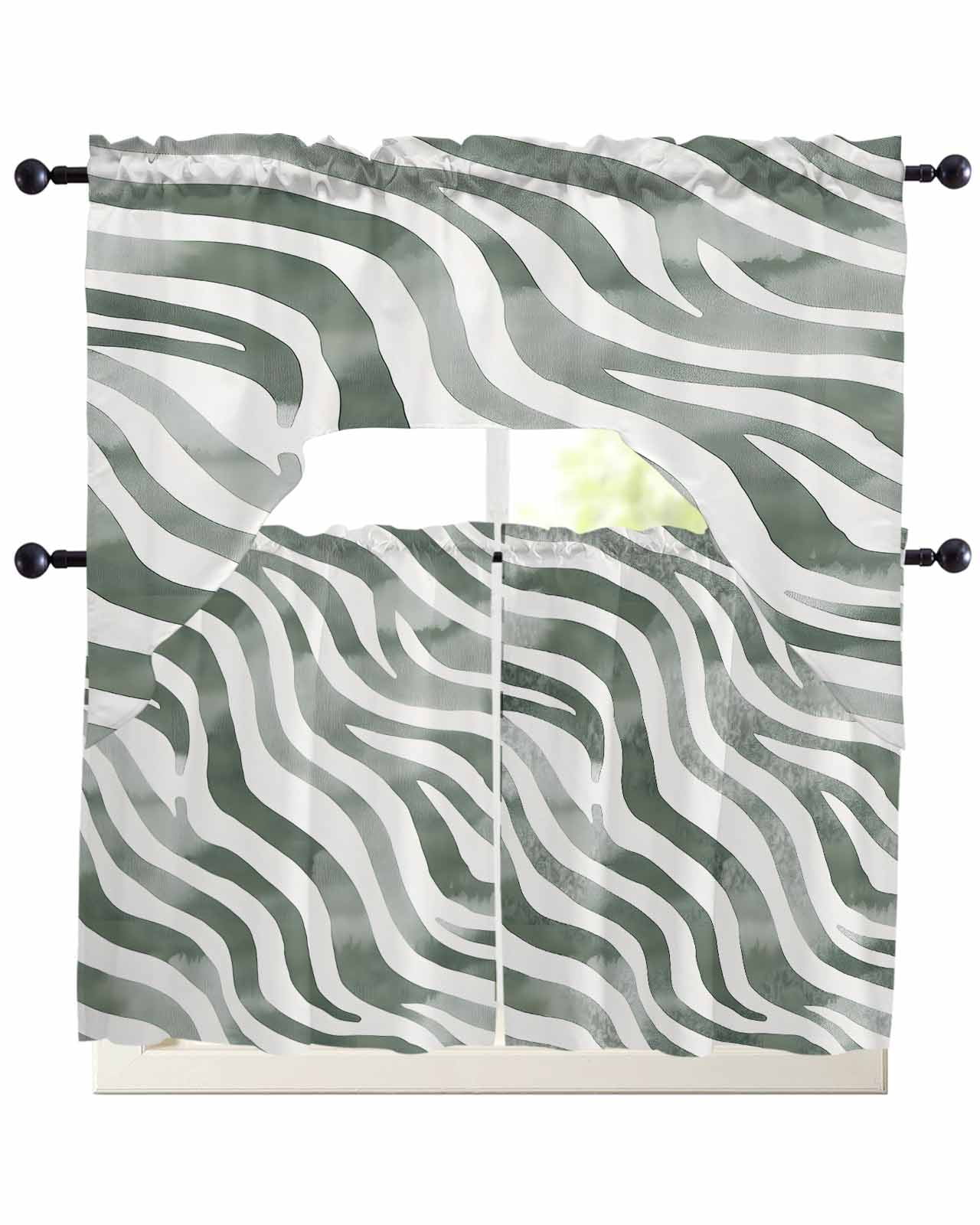 Abstract Lines Swag Valance and Tier Curtains Set White Green Water ...
