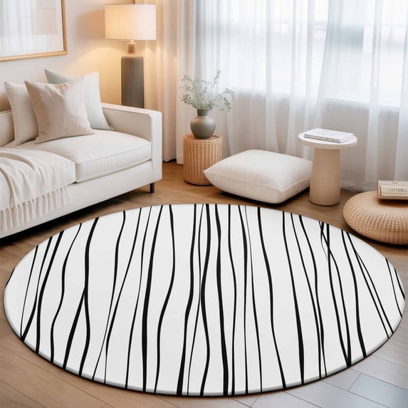 Abstract Lines Texture Round Rug 5ft Modern Black Stripes Washable Area ...