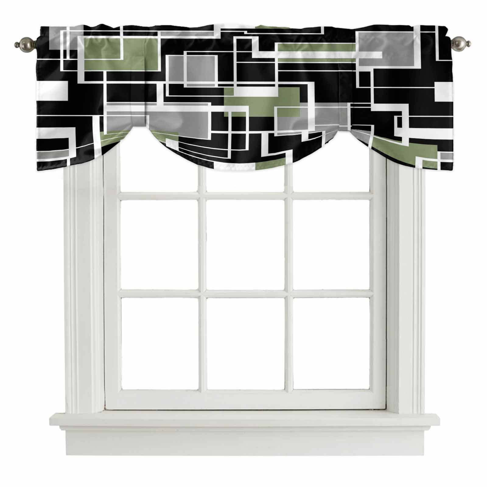 Abstract Lines Tie Up Valance Curtains Black Gray Green Rectangle ...