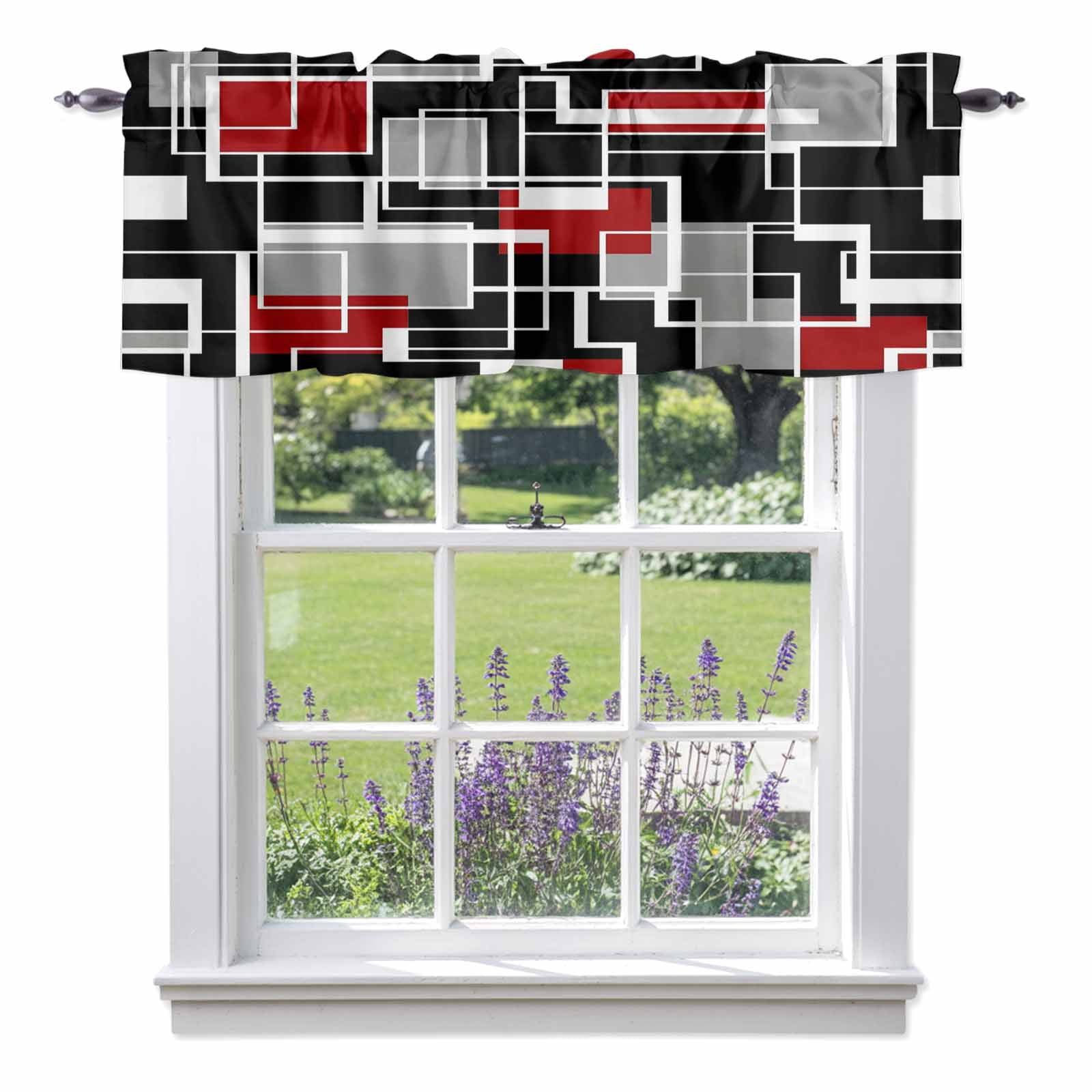 Abstract Lines Valance Curtain for Windows Black Gray Red Rectangle ...