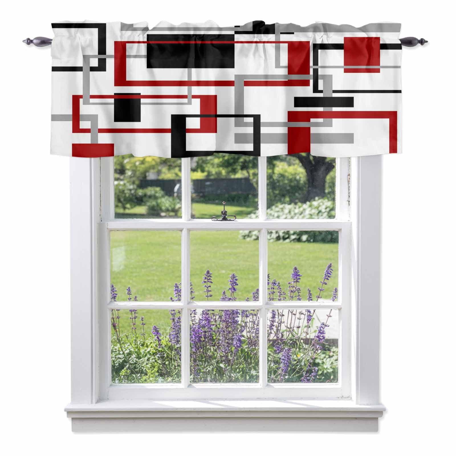 Abstract Lines Valances for Windows, Black Red Geometric Square Frame ...
